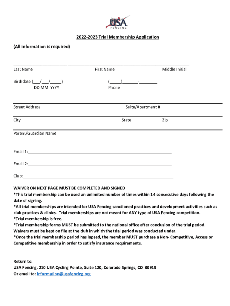 Fillable Online 2022-2023 Trial Membership Application (All information ...