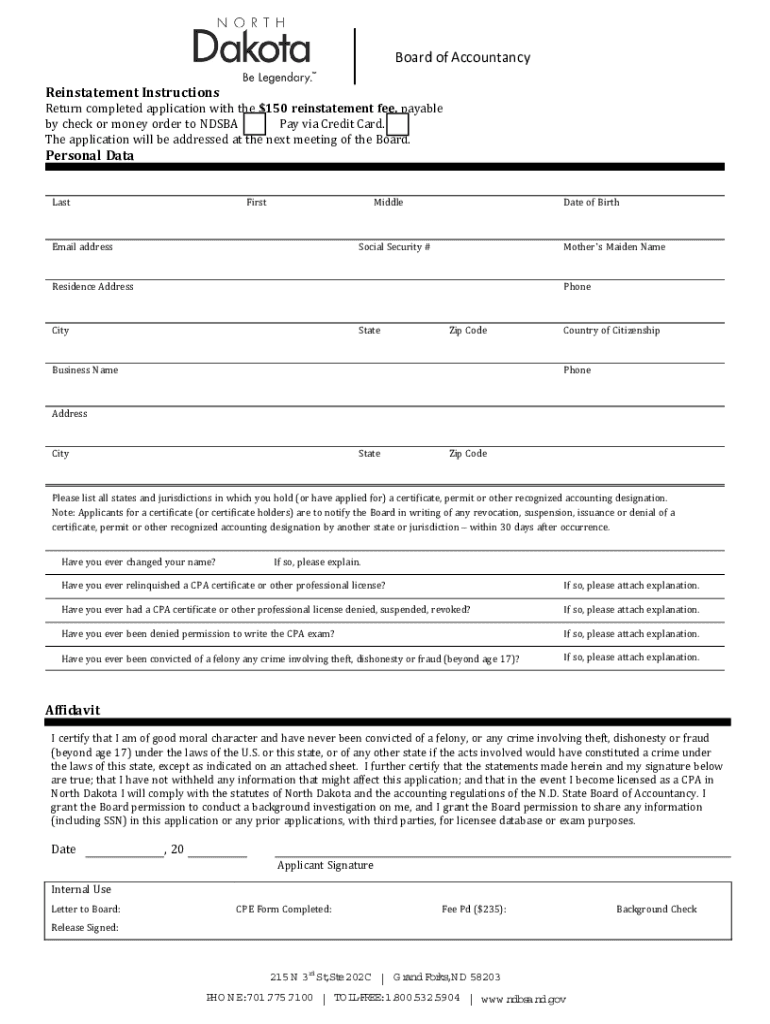 Fillable Online Application for Reinstatement of CPA License General ... Fax Email Print - pdfFiller