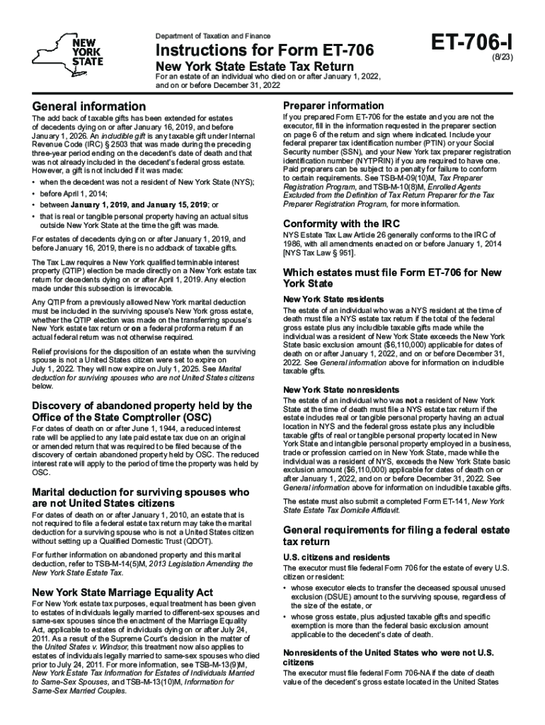 Fillable Online Instructions for Form ET-706 New York State Estate Tax ...
