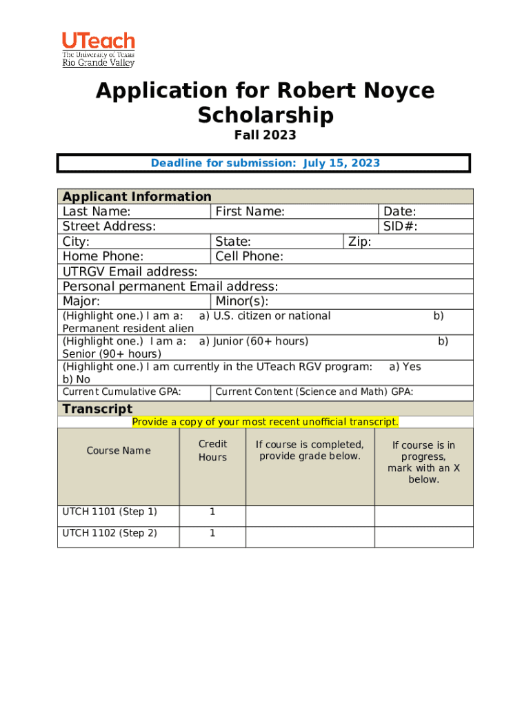 Robert Noyce Scholarship Program College of Sciences Doc Template | pdfFiller