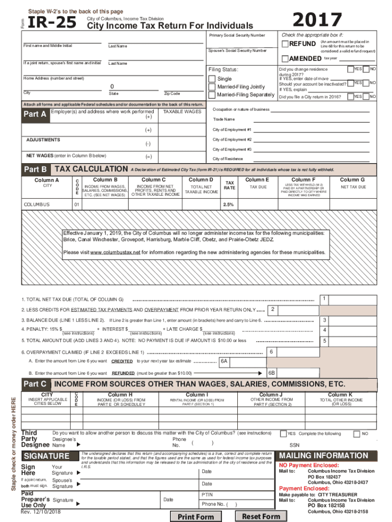 Fillable Online Instructions for Form IR-25City of Columbus, Ohio Fax Email Print - pdfFiller