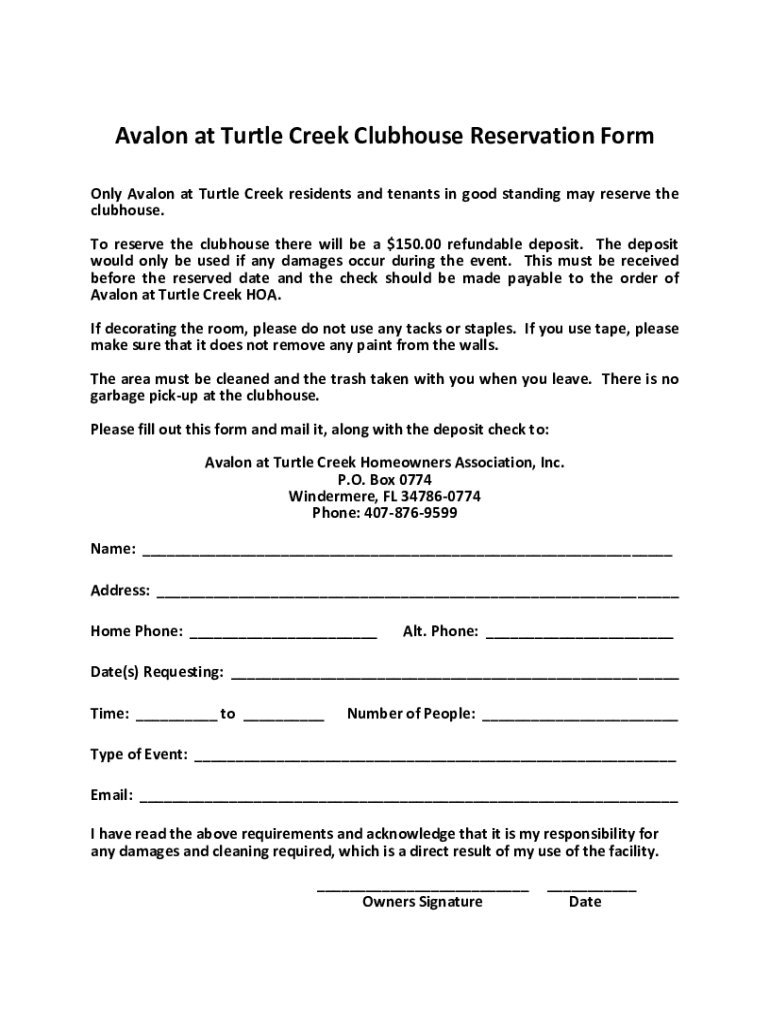 Fillable Online Avalon at Turtle Creek Clubhouse Reservation Form Fax ...