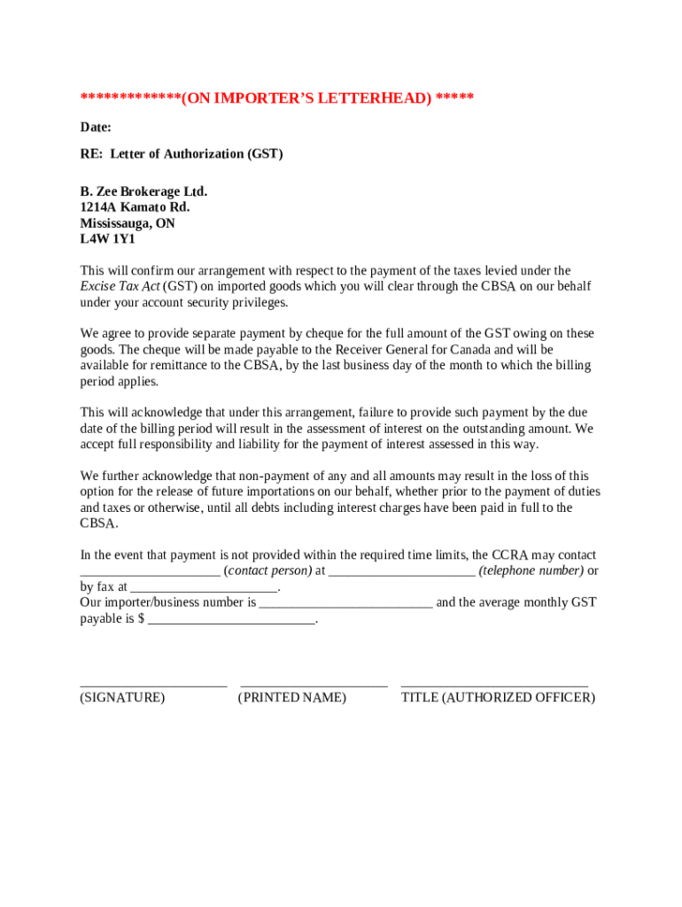 Letter of Authorization for GSTCustoms Broker Doc Template | pdfFiller