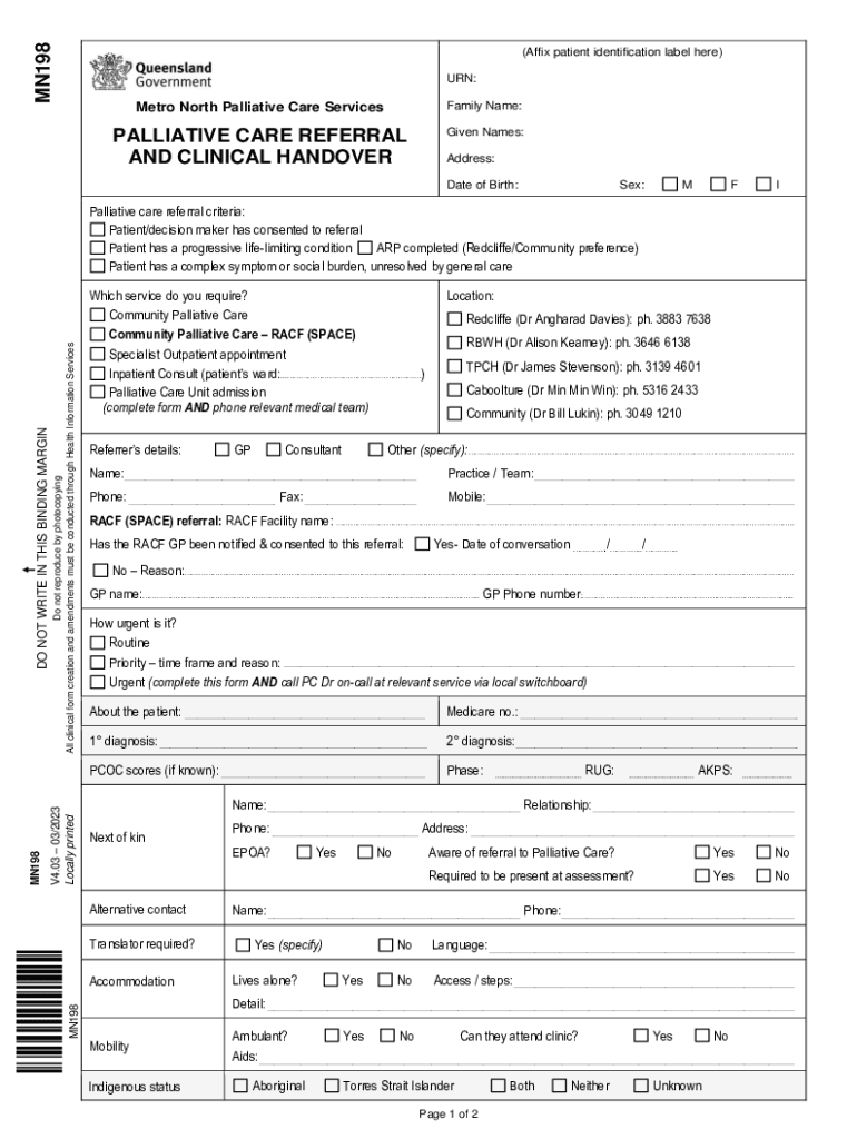 Fillable Online MN198 - Palliative Care Referral and Clinical Handover ...