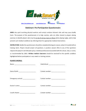 Fillable Online BokSmart: Pre-Participation Questionnaire Fax Email ...