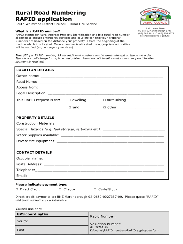 Fillable Online swdc govt Rural Address Numbering - Information Sheet ...