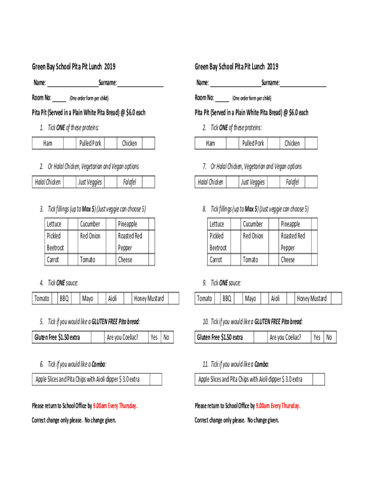 Fillable Online PITA PIT LUNCH ORDER FORM 2018 (PDF) Fax Email Print ...