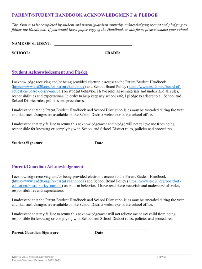 Fillable Online Parent Handbook Acknowledgement Form 2023-2024 Fax ...