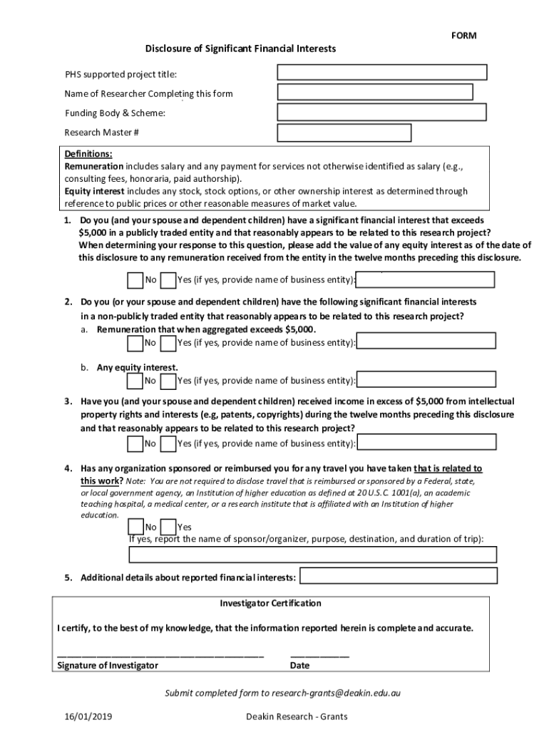 Fillable Online Financial Disclosure Requirements for Investigators of ...