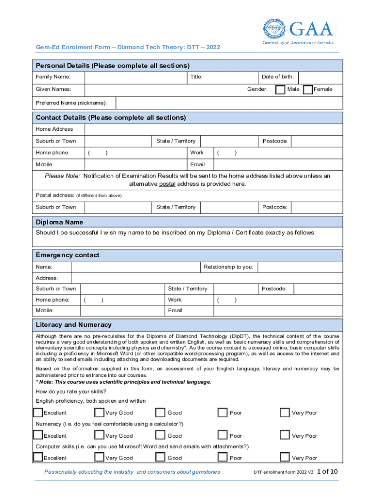 Fillable Online Gem-Ed Enrolment FormDiamond Tech Theory: DTT Fax Email ...