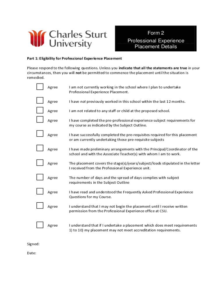 Fillable Online Form 2 Professional Experience Placement Details Fax Email Print - pdfFiller