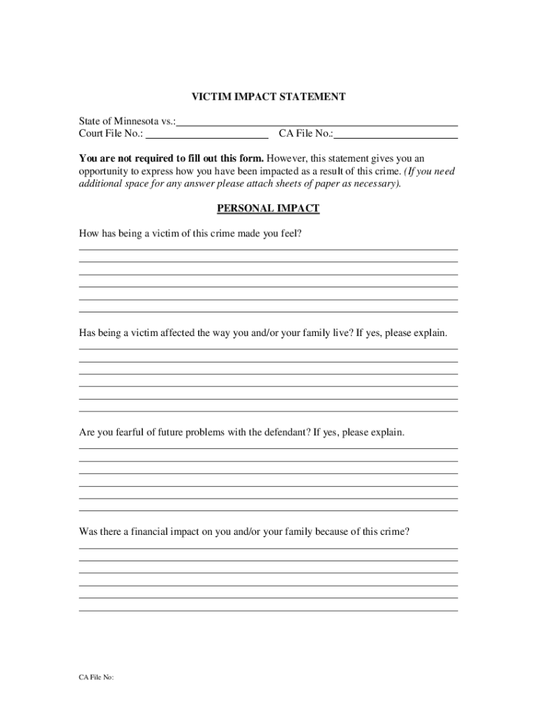 Fillable Online VICTIM IMPACT STATEMENT - Jackson County, Minnesota Fax Email Print - pdfFiller
