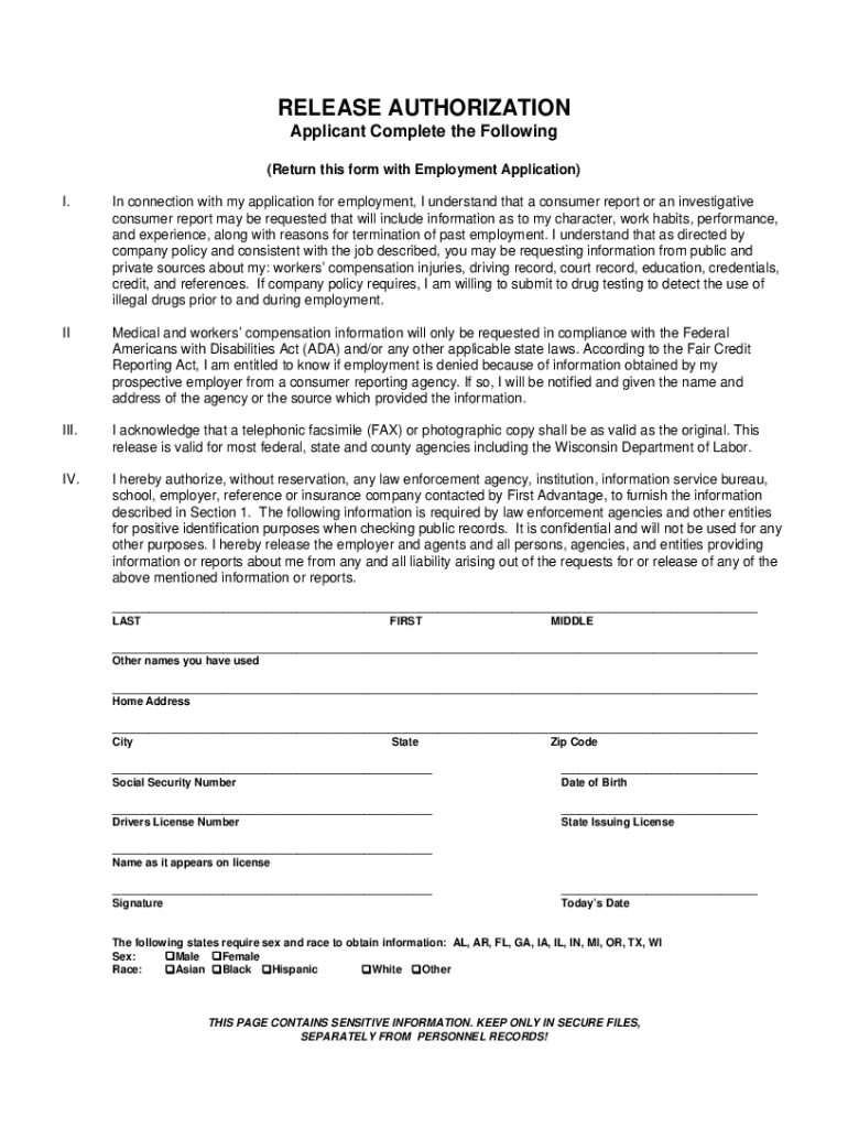 Fillable Online Release Authorization for Background Check.doc Fax ...