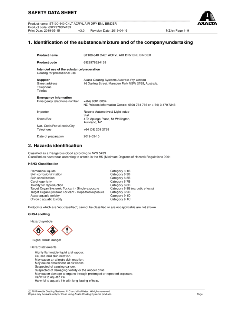 Fillable Online Safety Data Sheet. ST100-640 ACRYLIC ENAMEL BINDER Fax Email Print - pdfFiller