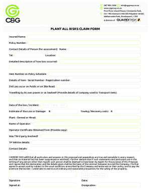 Fillable Online PLANT ALL RISKS CLAIM FORM - DC Insurance Fax Email ...