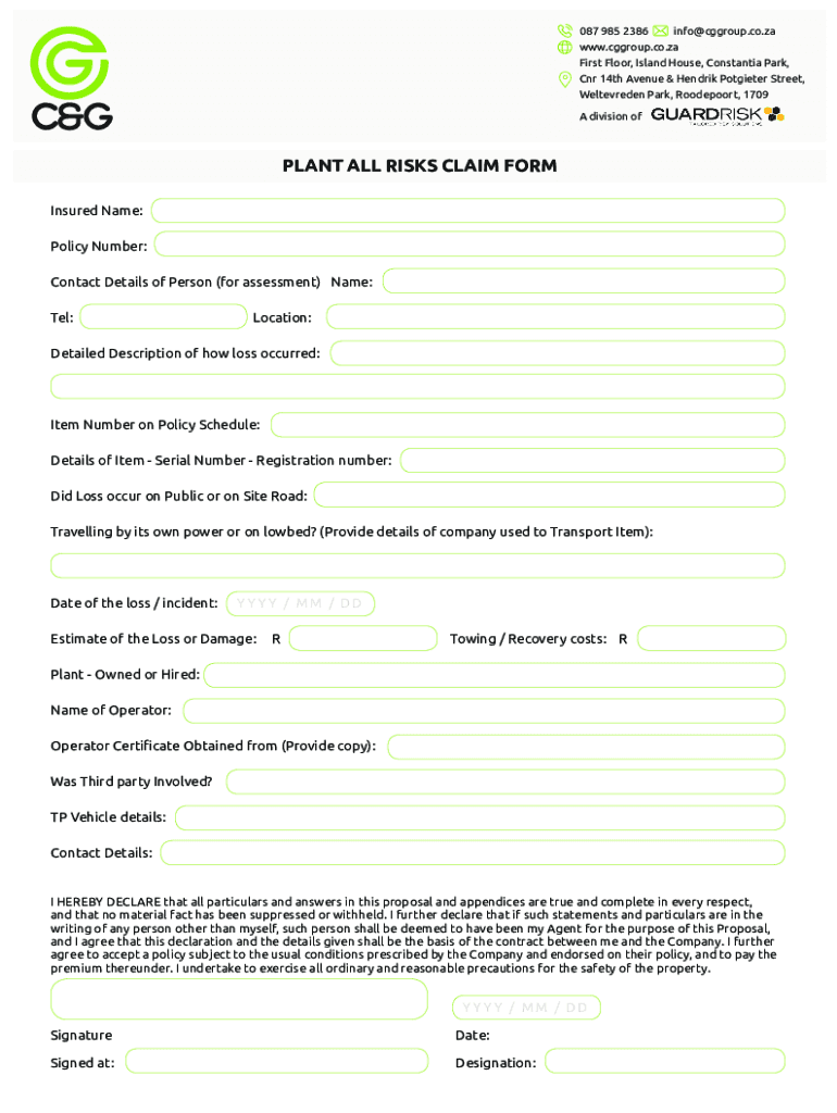 Fillable Online PLANT ALL RISKS CLAIM FORM - DC Insurance Fax Email ...
