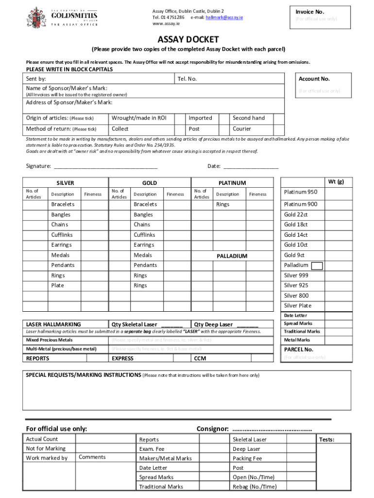 Fillable Online Hallmark Stamp From The Irish Assay Office On All ...