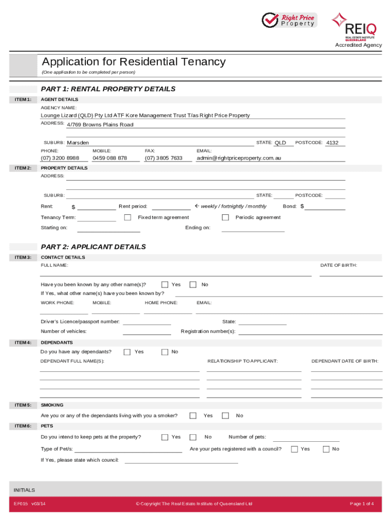 Fillable Online General Tenancy Agreement + REIQ Special Terms Form ...