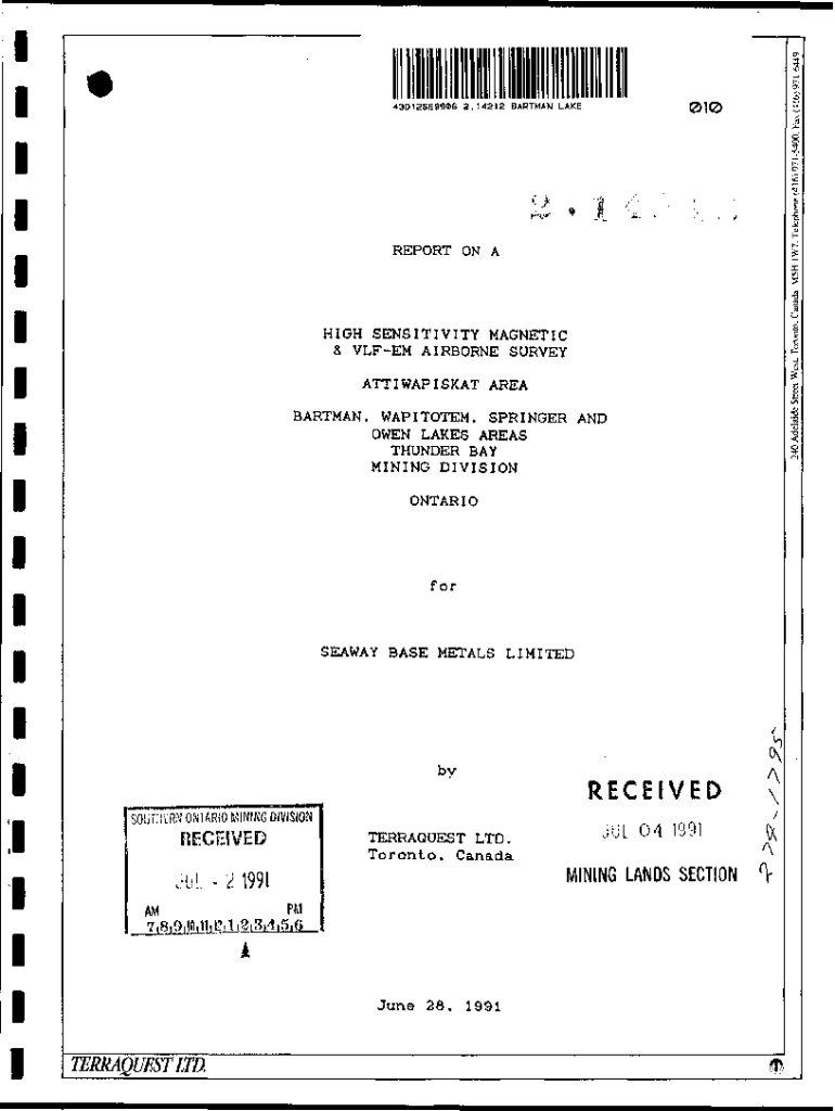 Fillable Online RPT ON A HIGH SENSITIVITY MAG & VLF-EM AIRBORNE ... Fax ...