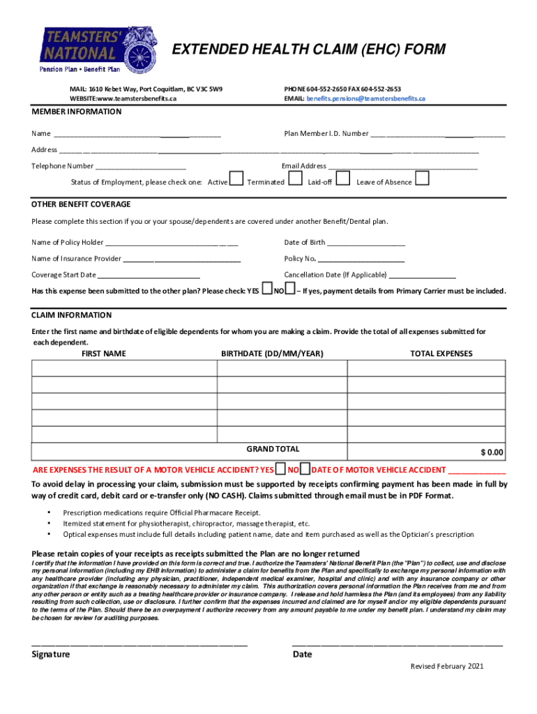 Fillable Online EXTENDED HEALTH CLAIM (EHC) FORM - Teamsters Fax Email ...