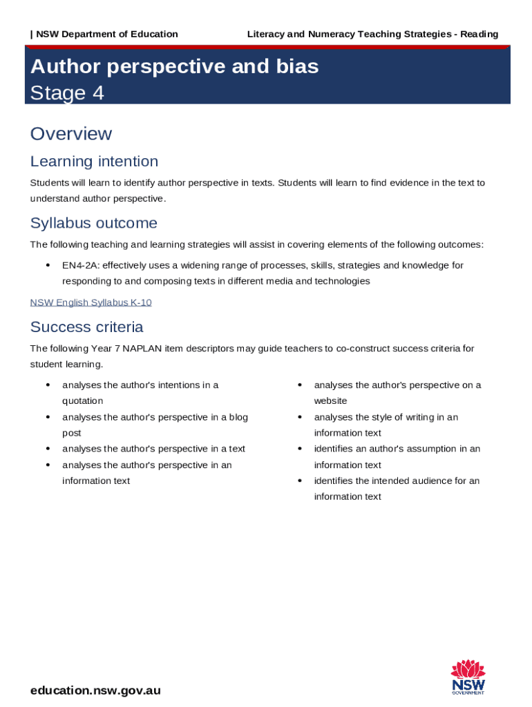 Stage 4 reading - Author perspective and bias Doc Template | pdfFiller