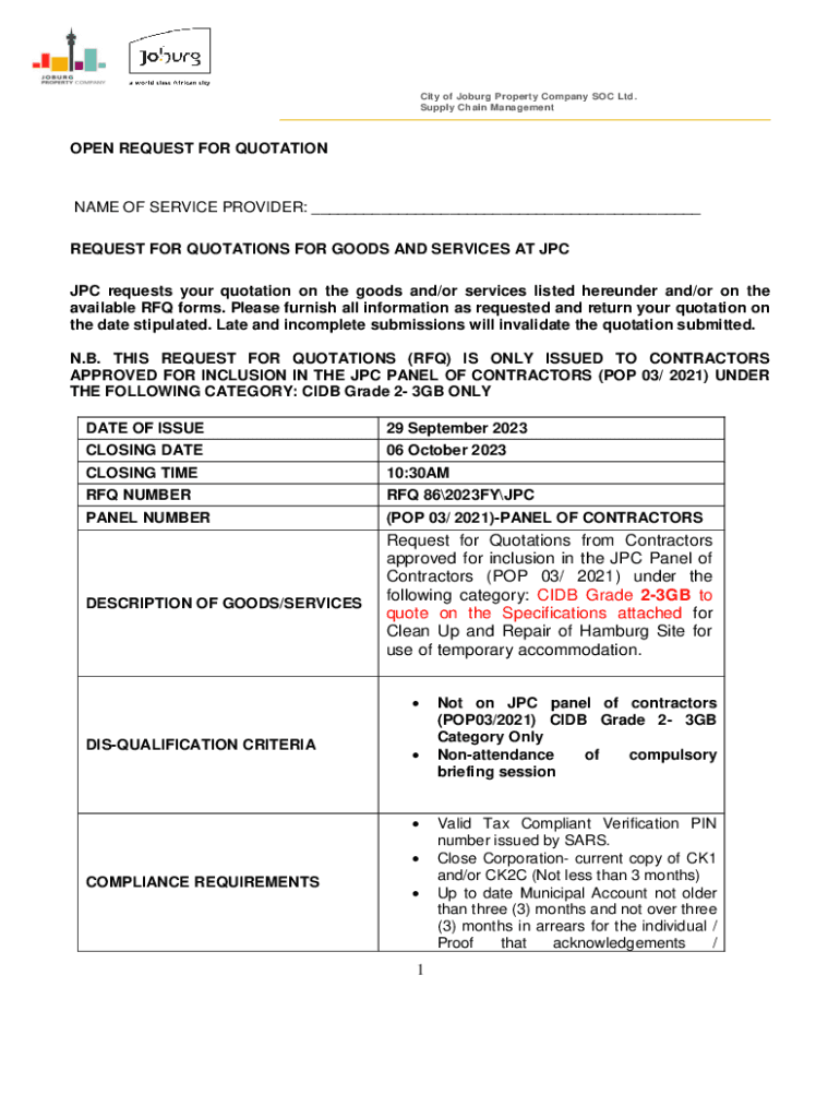Fillable Online jhbproperty co 1 Request for Quotations from Contractors approved for ... Fax ...