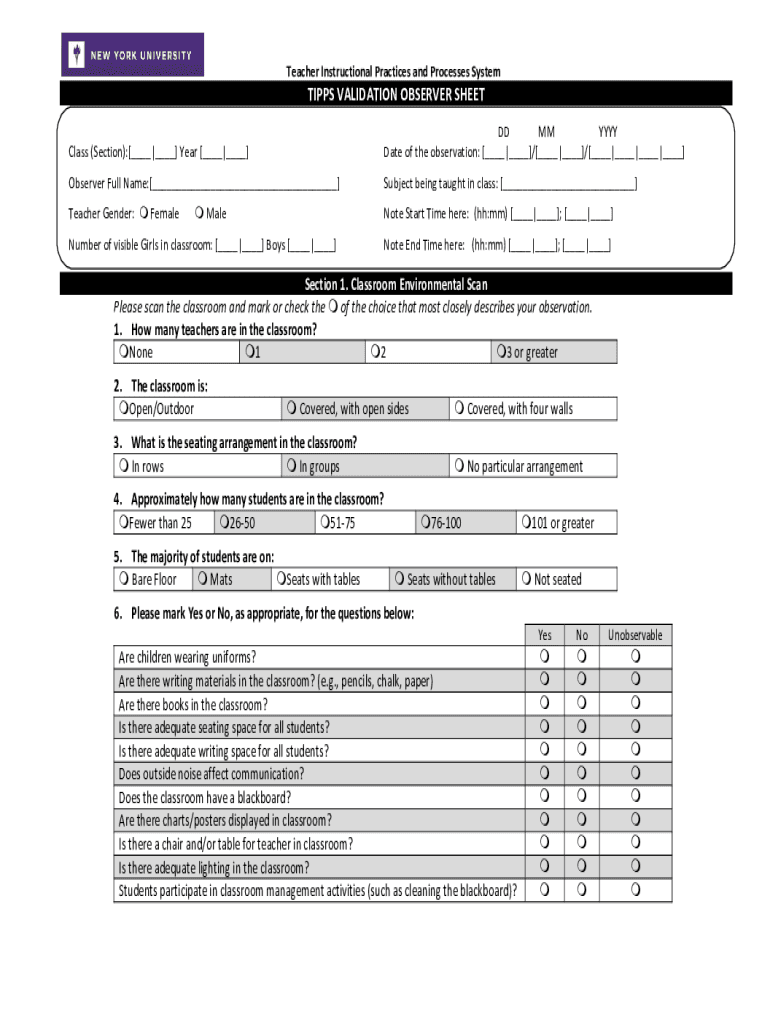 Fillable Online TIPPS VALIDATION OBSERVER SHEET Fax Email Print - pdfFiller