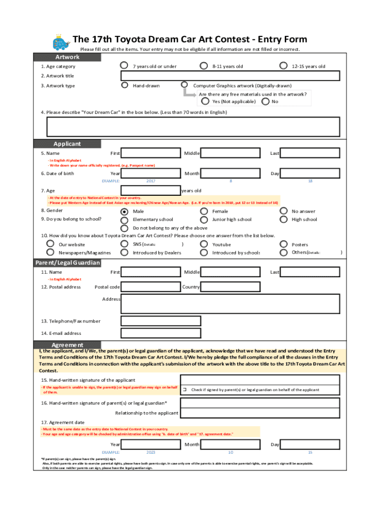 Fillable Online The 17th Toyota Dream Car Art Contest - Entry Form Fax ...