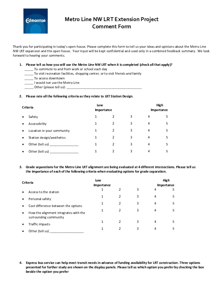 Fillable Online Metro Line NW LRT Extension Project Comment Form Fax ...