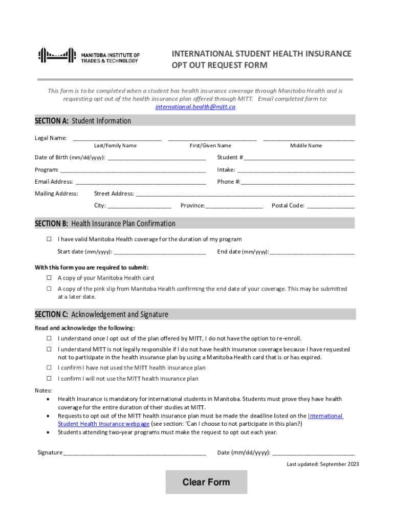 Fillable Online International Student Health Insurance Opt Out Request ...