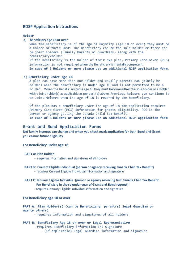Fillable Online RDSP Application Instructions Grant and Bond ...