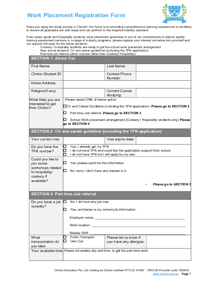 Fillable Online Work Placement Registration Form Fax Email Print - pdfFiller