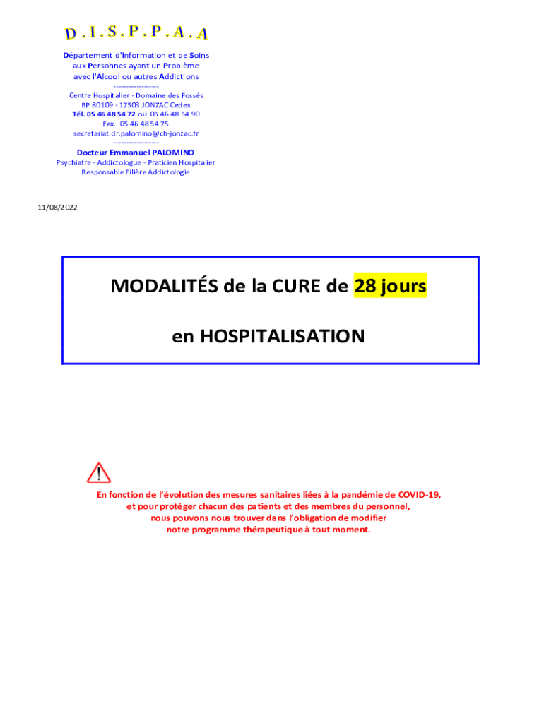 Remplissable En Ligne MODALITS de la CURE de 28 jours en HOSPITALISATION Fax Email Imprimer ...