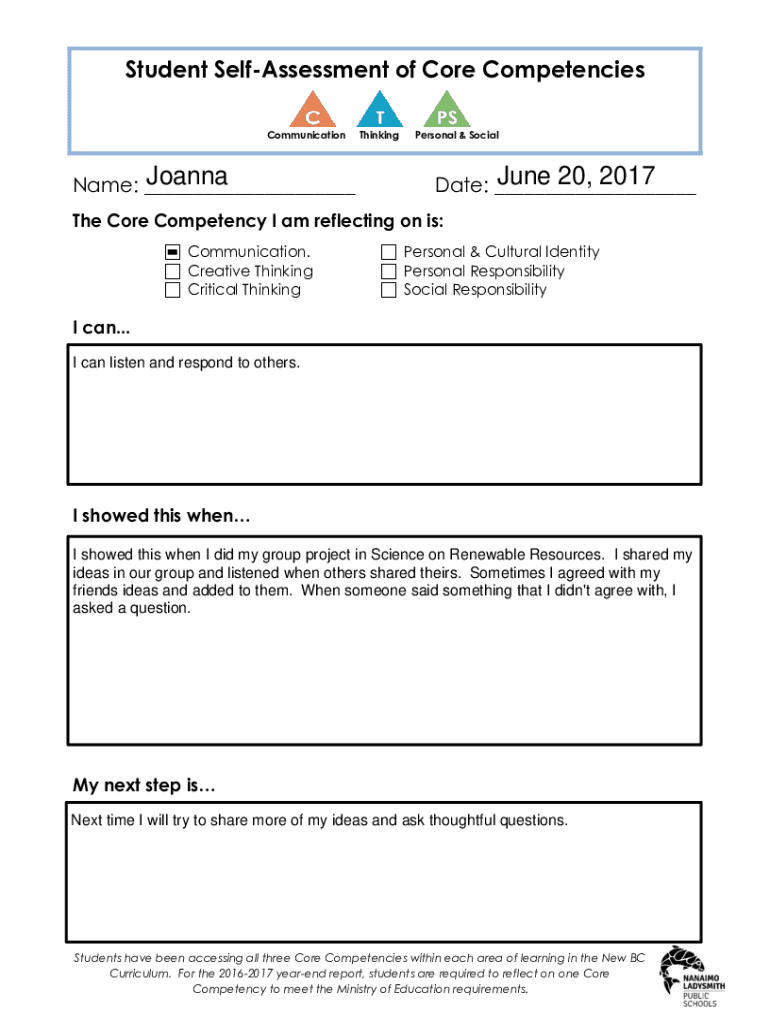 Fillable Online Primary Student Self-assessment of Core Competencies ...