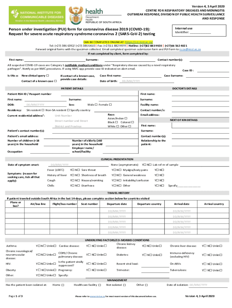 Fillable Online Person under investigation (PUI) form for coronavirus ...