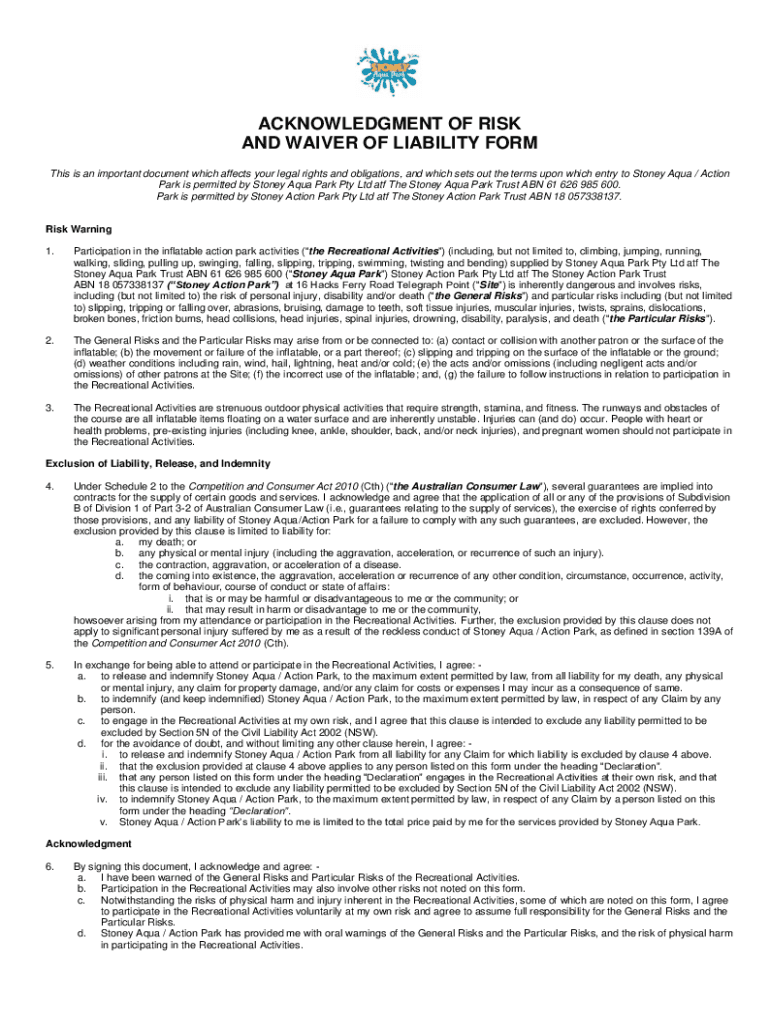 Fillable Online ACKNOWLEDGMENT OF RISK AND WAIVER OF LIABILITY FORM Fax ...