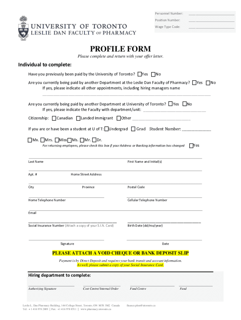 Fillable Online PROFILE FORM - Leslie Dan Faculty of Pharmacy Fax Email ...