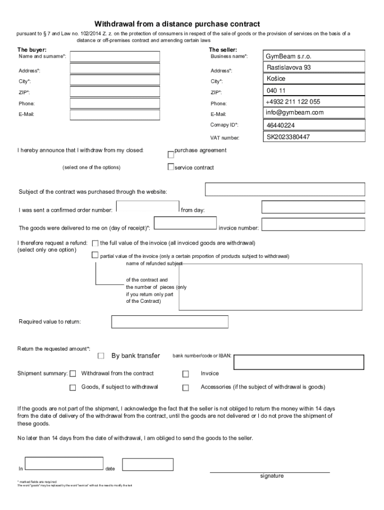 Fillable Online Withdrawal from a distance purchase contract Fax Email ...