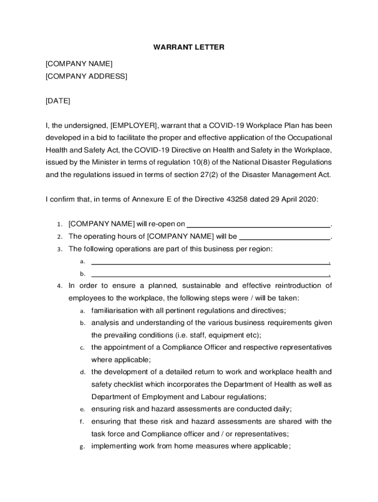 Fillable Online WARRANT LETTER COMPANY NAME COMPANY ADDRESS ... Fax ...