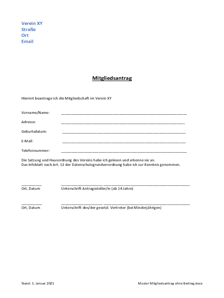 Ausfüllbar Online Hiermit beantrage ich die Mitgliedschaft im Verein XY ...