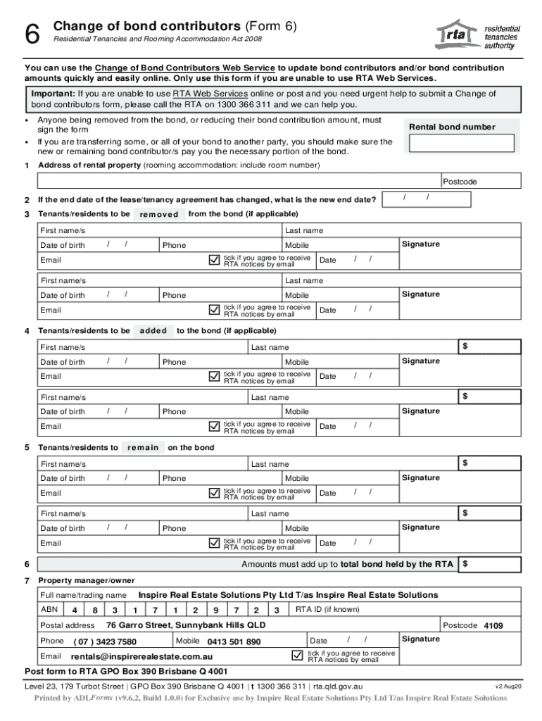 Fillable Online Queensland Change of Bond Contributors Form 6 Fax Email Print - pdfFiller