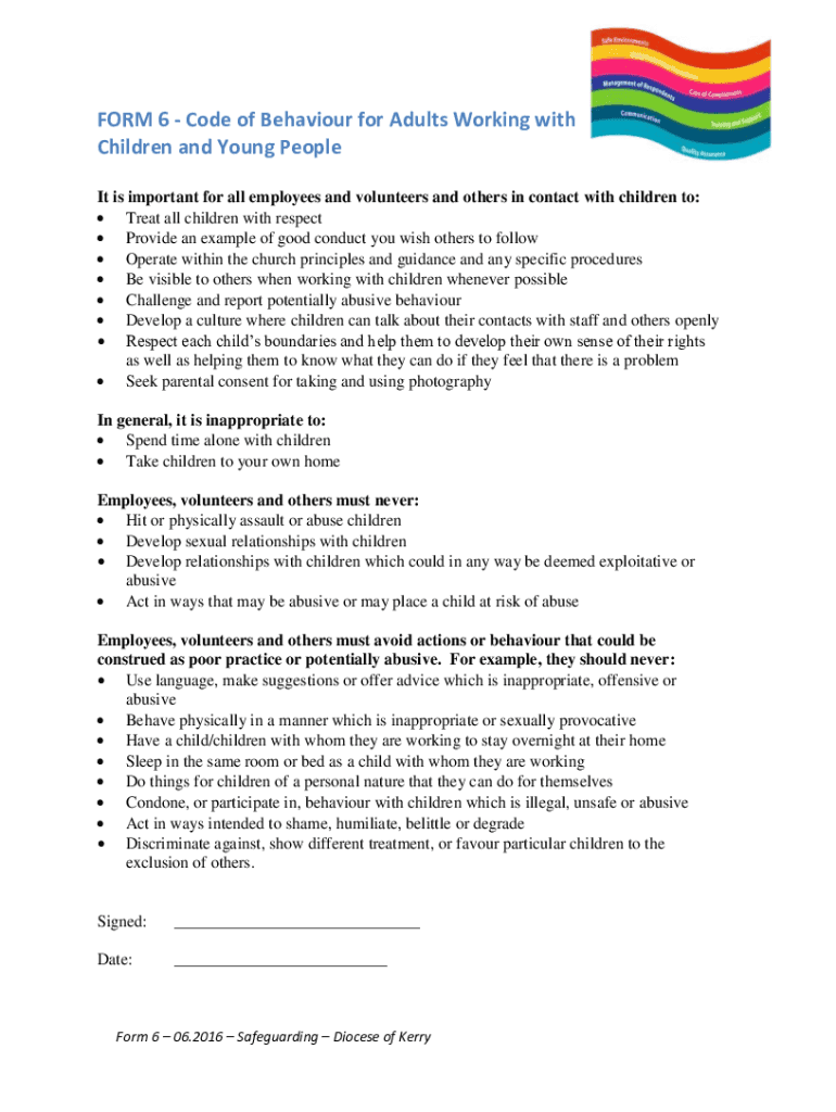 Fillable Online Code of Behaviour for Adults Working with Children and ...