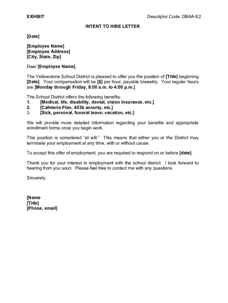 Fillable Online EXHIBIT Descriptor Code: DBAA-E2 INTENT TO HIRE LETTER ...