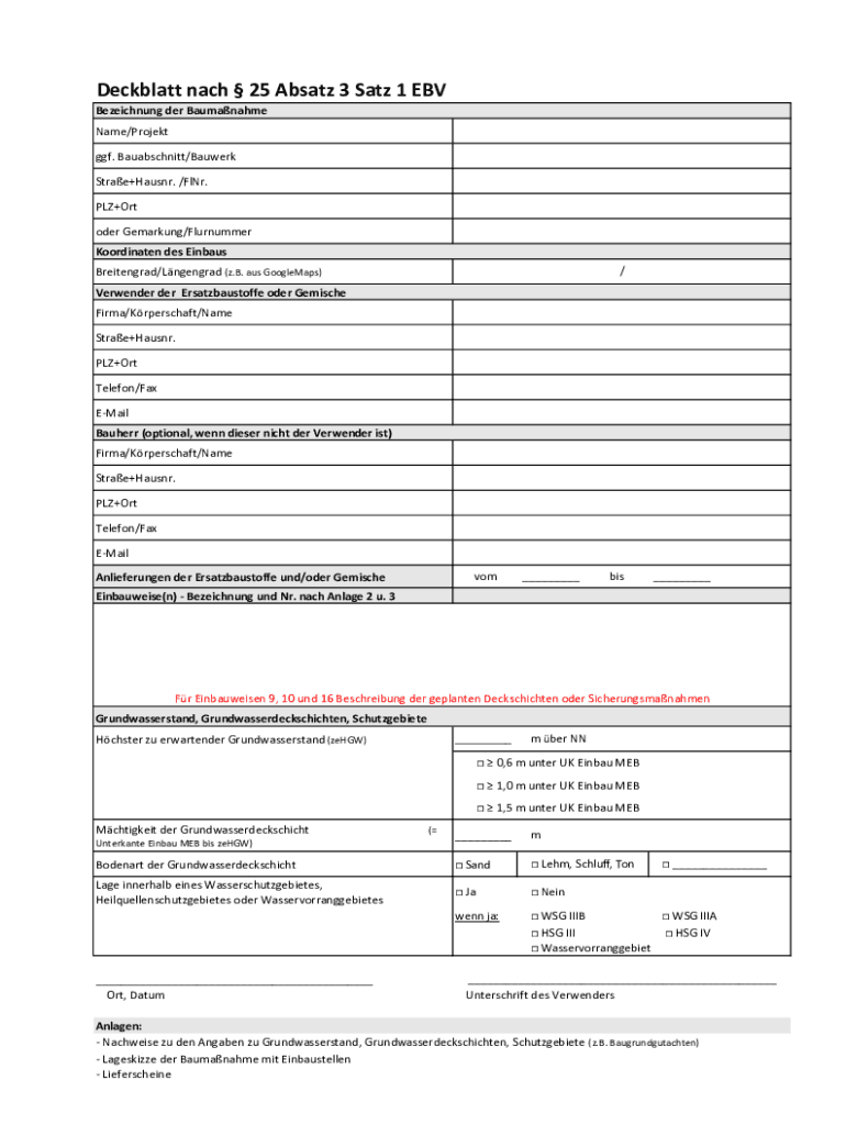 Ausfüllbar Online Deckblatt nach 25 Absatz 3 Satz 1 EBV Fax Email Drucken - pdfFiller