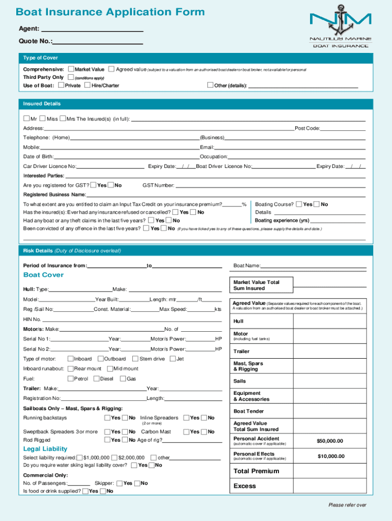 Fillable Online Boat Insurance Application Form - Nautilus Marine ...