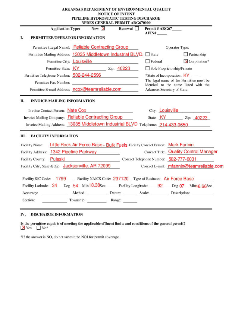 Fillable Online Hydrostatic Test Water General Permit Application Form ...