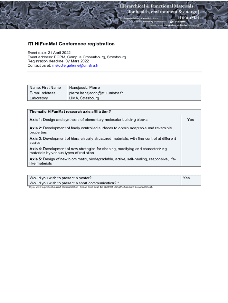 Fillable Online ITI HiFunMat - Hierarchical & Functional Materials for health ... Fax Email ...