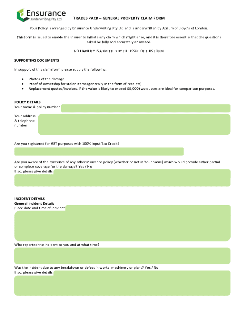 Fillable Online TRADES PACK GENERAL PROPERTY CLAIM FORM Fax Email Print ...