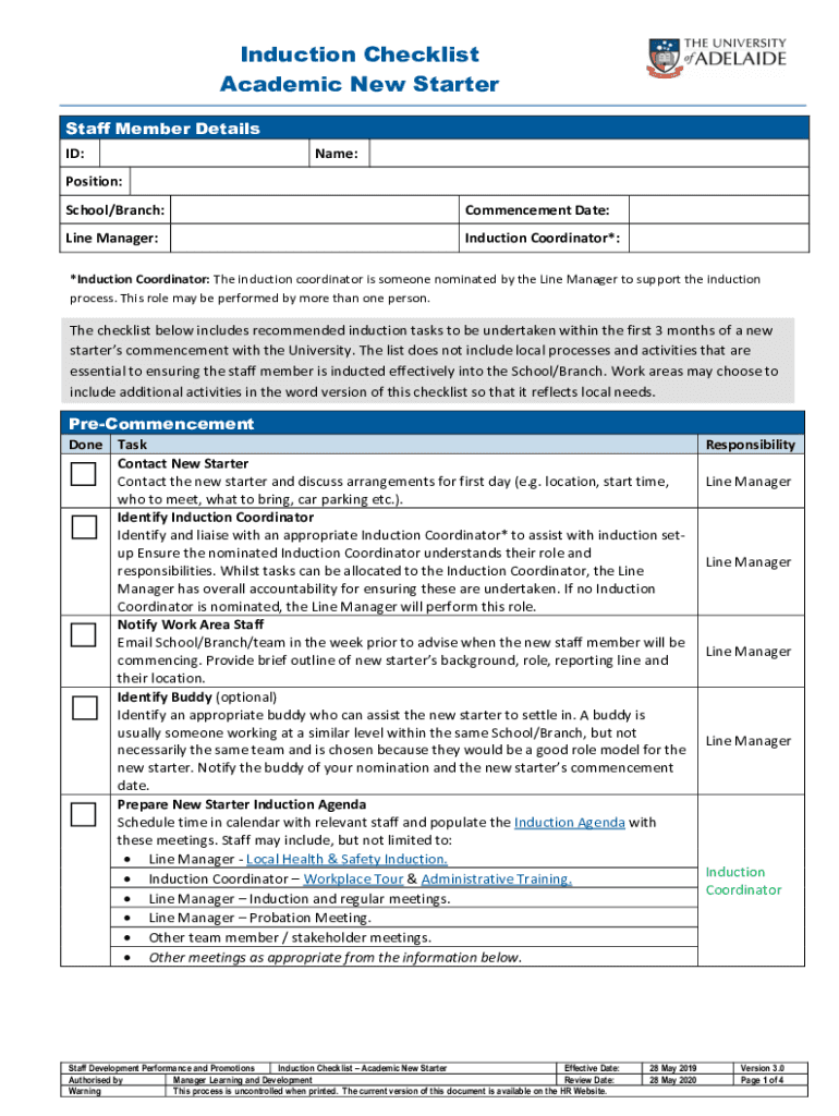Fillable Online Induction Checklist - for Professional Services Staff ...