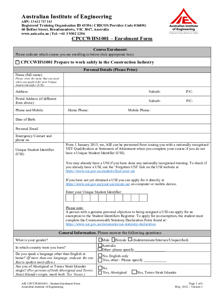 Fillable Online AIE CPCCWHS1001 - Student Enrolment Form.docx Fax Email ...